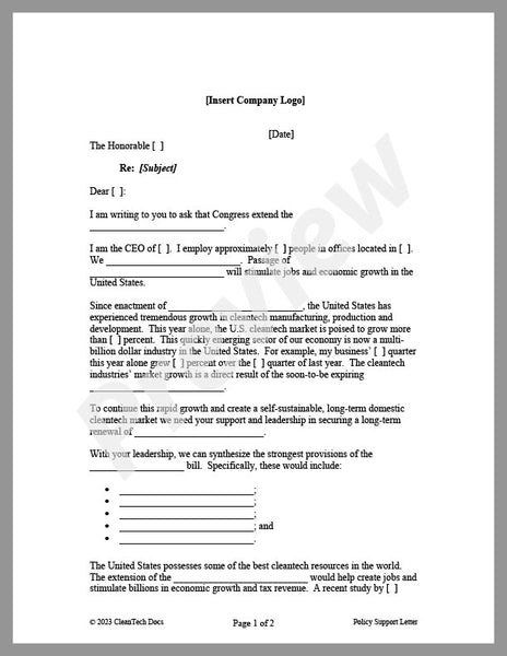 Support Letter for Bill/Policy Extender - Solar, Wind, Renewable Energy ...