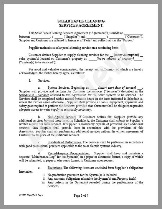 Solar Panel Cleaning Services Agreement – Avanti Cleantech