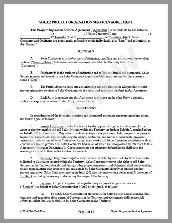 Project Origination Services Agreement | CleanTech Docs, Inc. Renewable ...