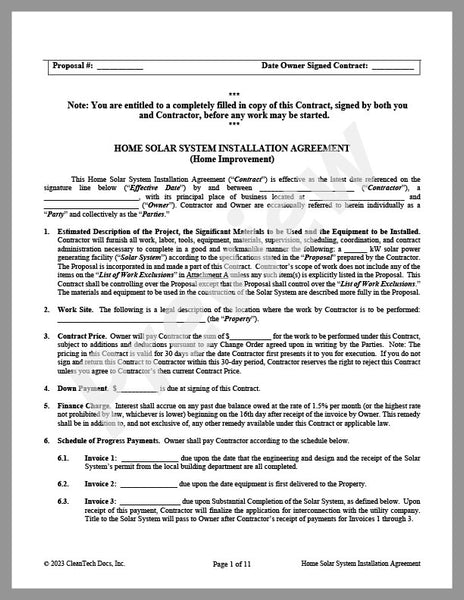 Generic Home Solar System Agreement | CleanTech Docs, Inc. – Avanti ...