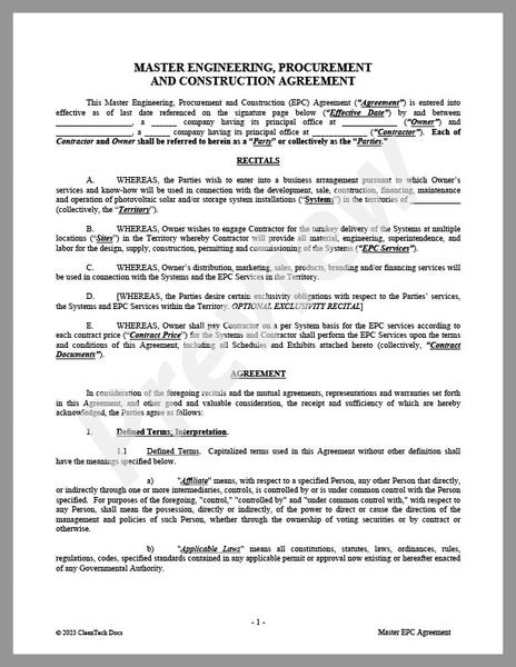 Master Engineering, Procurement and Construction (EPC) Agreement – Avanti Cleantech