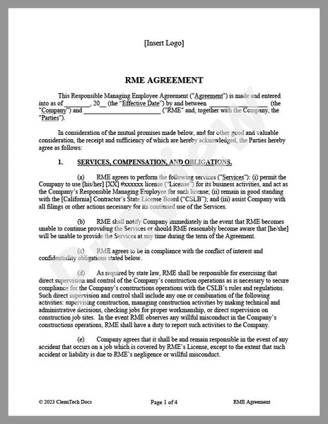 Responsible Managing Employee (RME) Agreement - Solar, Wind, Renewable ...